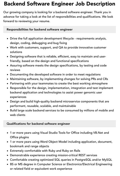 Backend Software Engineer Job Description Velvet Jobs