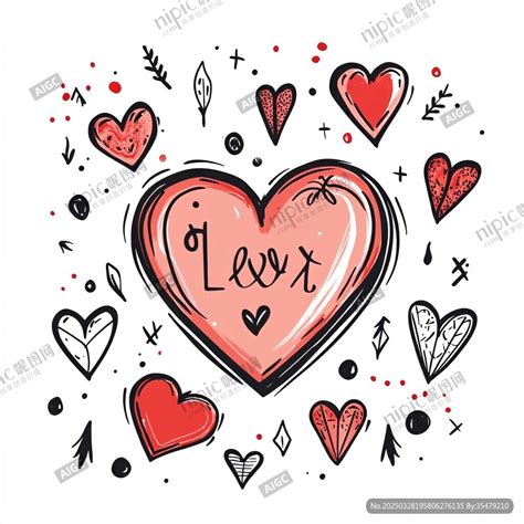 Ai创作图爱心 手绘 图案 装饰 线条 涂鸦 红心 白心 爱心元素 点缀 箭头 几何图形 浪漫 爱意 卡通 昵图网