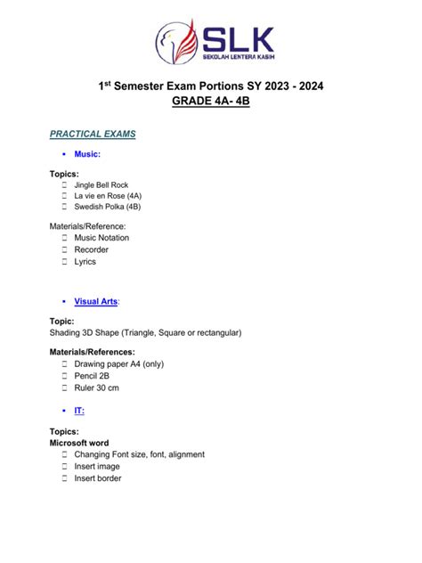 Grade 4a 4b Exam Portions For 1st Semester Sy 2023 2024 Pdf