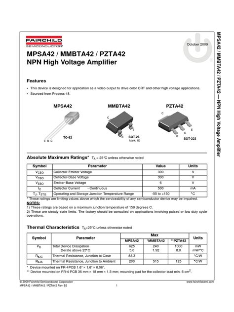 Mpsa42 Mmbta42 Pzta42 Npn High Voltage Amplifier Features Pdf