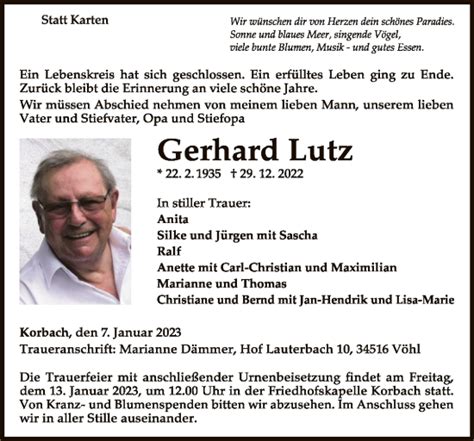 Traueranzeigen Von Gerhard Lutz Trauer Wlz Online De