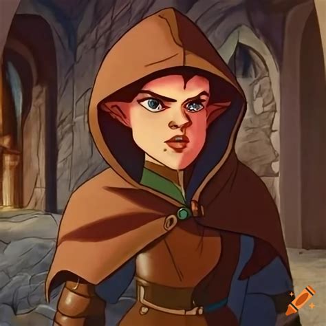 Disney Cel Animation Of A Female Halfling Rogue In A Stone Hallway On