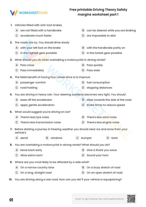 Free Printable Driving Theory Safety Margins Worksheet Part 1