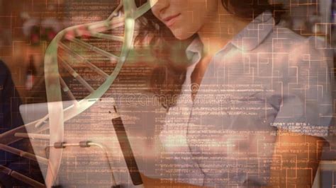 Animation Of Programming Data And Dna Helix Rotating Over Businesswoman