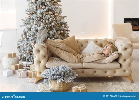 Woman Is Lying On The Sofa Christmas Stock Image Image Of Winter