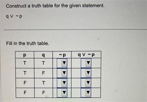 Solved Construct A Truth Table For The Given Statement Q∨∼p