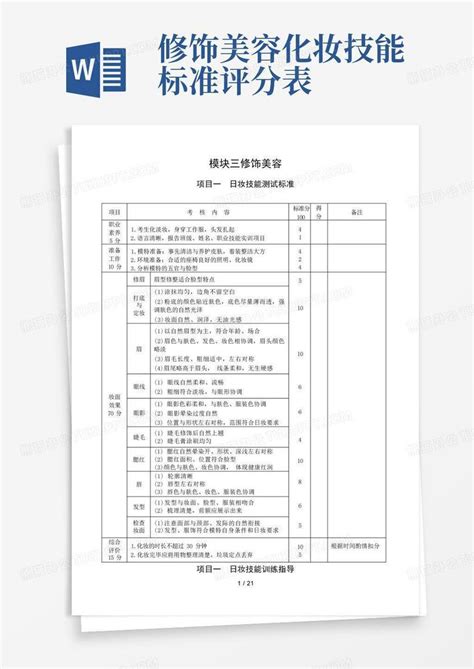 修饰美容化妆技能标准评分表Word模板下载 编号lwpnydbp 熊猫办公