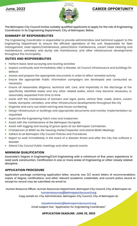 Career Opportunity Engineering Coordinator Belmopan City Council