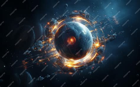 Premium Photo Glowing Spaceship Orbits Sphere In Deep Space