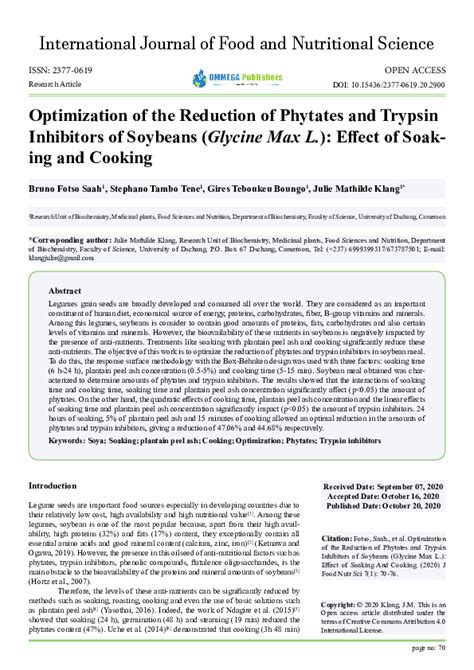 Pdf Optimization Of The Reduction Of Phytates And Trypsin Inhibitors Of Soybeans Glycine Max