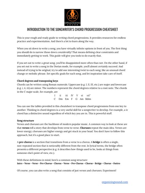 Songwriters Chord Progression Cheatsheet Pdf Song Structure