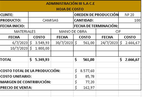 Contabilidad De Costos Hoja De Costos