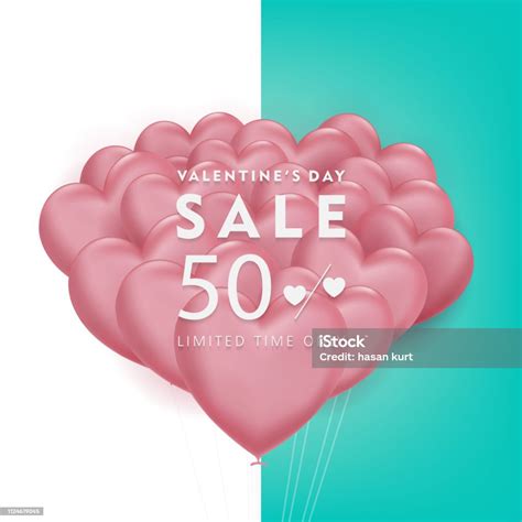 발렌타인의 날 판매 제공 배너 서식 파일 합니다 3 차원 심장 모양의 핑크 풍선 사랑 일 판매 태그 쇼핑 시장 포스터
