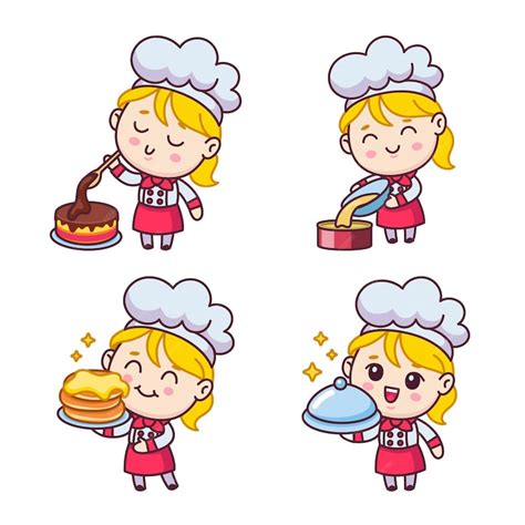 Premium Vector Set Of Cartoon Girl Chef Character Making Cake