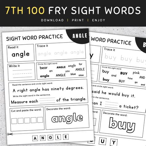 7th 100 Fry Sight Words Frys Seventh 100 Sight Words Worksheets Set