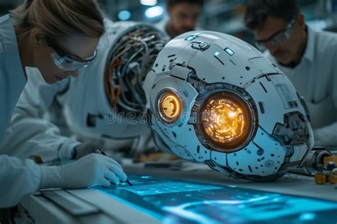 Humans And Androids Collaborating In Technology Development Stock Illustration Illustration Of