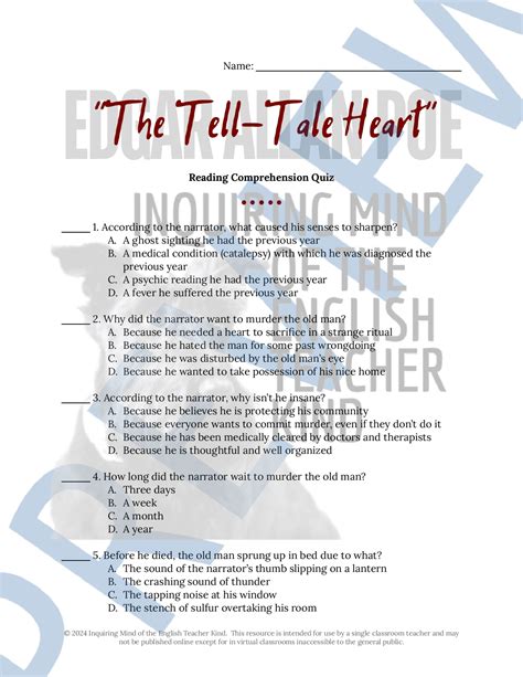 The Tell Tale Heart By Edgar Allan Poe Quiz And Answer Key Made By