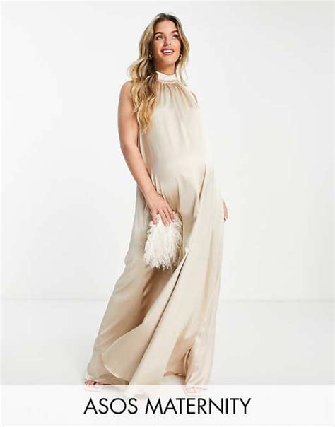 Asos Design Maternity Tuta Jumpsuit In Raso Color Fungo Allacciata Al