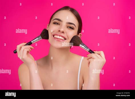 Woman Applies Powder On The Face Using Makeup Brush Beautiful Girl