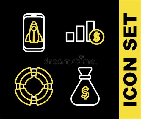 Set Line Pie Chart And Dollar Money Bag Business Lifebuoy And Startup Project Concept Icon
