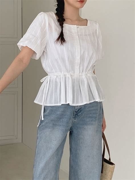 리리앤코 빈티지코디몸매부각x 44 120 프케브린 코튼 스트링 반팔 블라우스신상여름썸머하객룩출근룩데일리룩