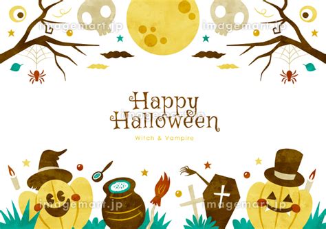 ハロウィンの背景フレーム かぼちゃの魔女と吸血鬼の水彩イラスト 225844607 イメージマート