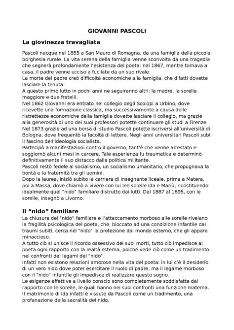 Riassunto Giovanni Pascoli Sintesi Del Corso Di Italiano Docsity