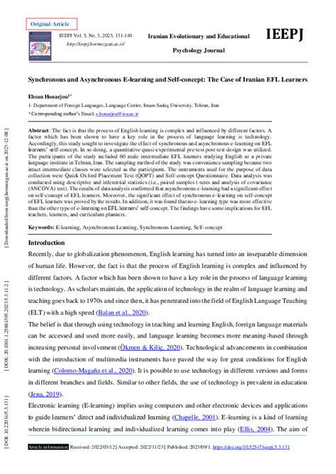 Pdf Synchronous And Asynchronous E Learning And Self Concept The Case Of Iranian Efl Learners
