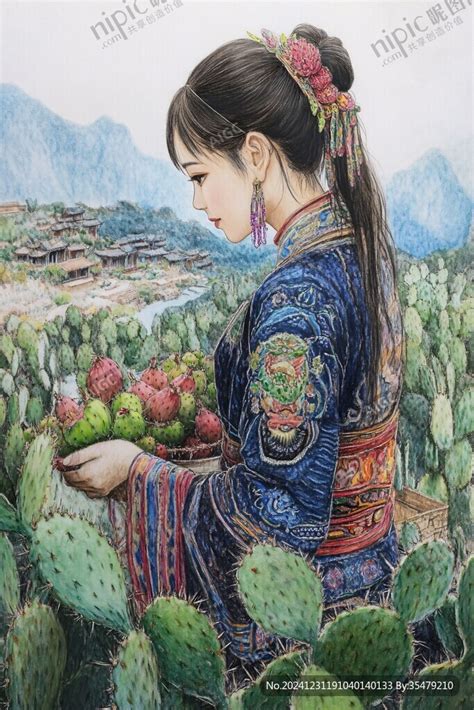 Ai创作图村姑采摘图 壮族少女手绘 村姑形象绘画 手绘采茶的村姑 侗族美女插画 手绘采茶女 湄洲女插画 手绘摘刺梨的女孩 手绘农家女 手绘侗族