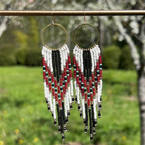 Beaded Fringe Seed Bead Earrings On Hoops White Black Burgundy Red