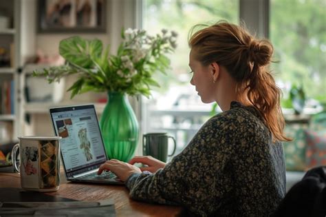 Premium Photo Woman Sitting At Table Using Laptop Computer
