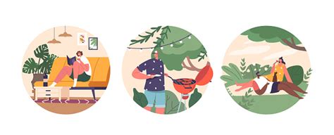 고립 된 원형 아이콘 또는 캐릭터의 아바타는 주말에 휴식을 취합니다 바비큐를 즐기는 친구들 책을 읽는 여자 바베큐그릴에 대한 스톡 벡터 아트 및 기타 이미지 Istock