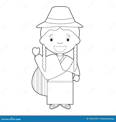 Easy Coloring Cartoon Character From Ecuador Dressed In The Traditional