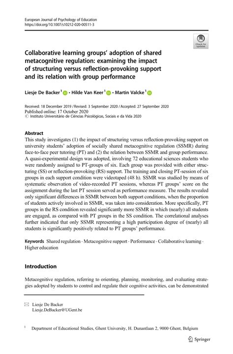 Pdf Collaborative Learning Groups Adoption Of Shared Metacognitive Regulation Examining The