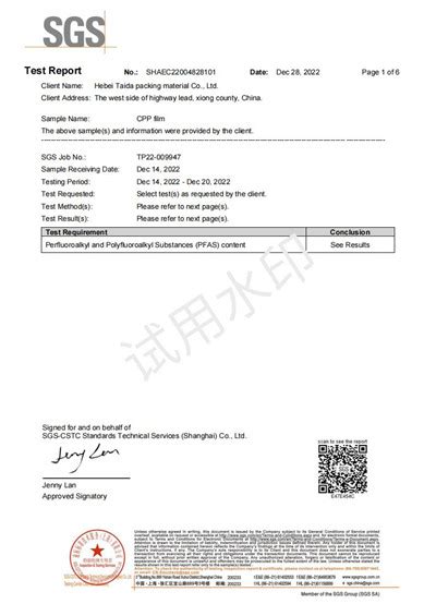 Certification Of Pfas Free By Sgs Inspectioncpp Cpe Food Packing