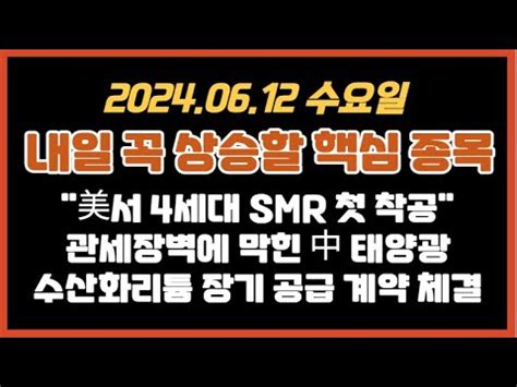 24 06 11 화 내일 핵심 테마 종목 美서 4세대 SMR 첫 착공 美 관세장벽에 막힌 中 태양광 수산화리튬 장기 공급