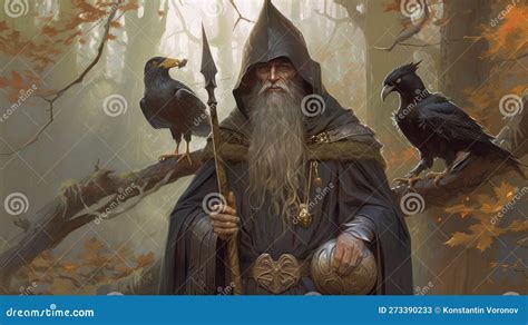 Odin Skandinavian God With His Ravens Huginn Muninn Concept