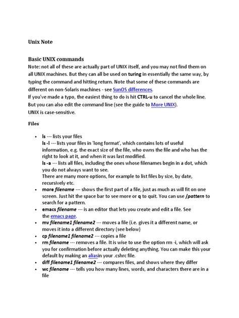 Unix Note Basic Unix Commands Sunos Differences More Unix Pdf