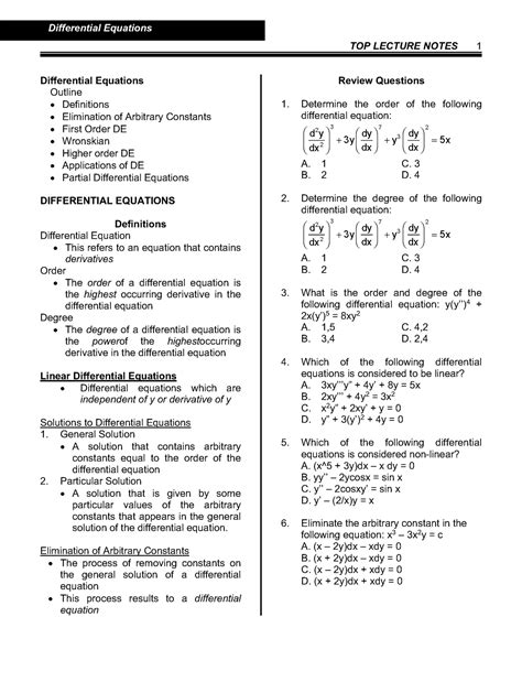 08 Differential Equations TOP LECTURE NOTES 1 Differential Equations