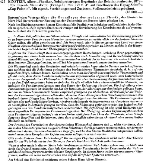 Fragment From Einstein S Lecture Printed In J A Stargardt S Catalog