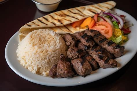 Premium Ai Image Plate Of Grilled Beef Shishkabob With Sides Of Rice