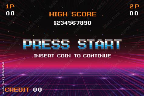 press start insert a coin to continue pixel art 8 bit game retro