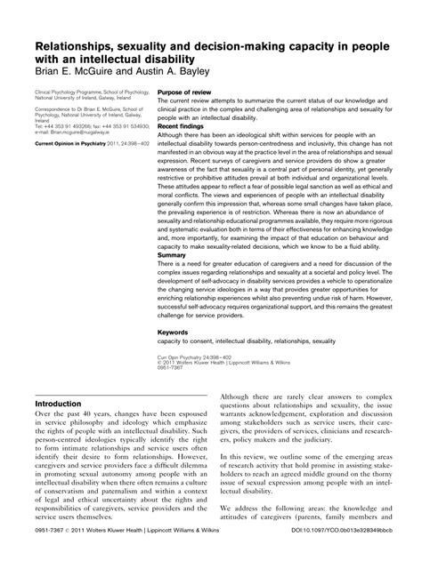 Pdf Relationships Sexuality And Decision Making Capacity In People With An Intellectual