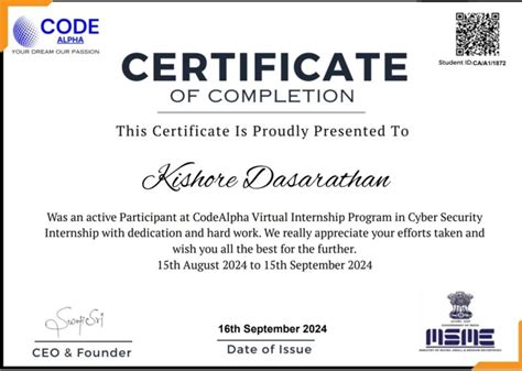 Completed Cybersecurity Internship Kishore Dasarathan
