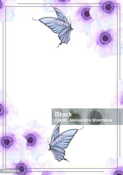 손으로 그린 수채화 보라색 말미잘 꽃과 나비 카드 흰색 배경에 격리 스크랩북 엽서 배너 라벨 포스터 나비에 대한 스톡 벡터 아트 및 기타 이미지 Istock