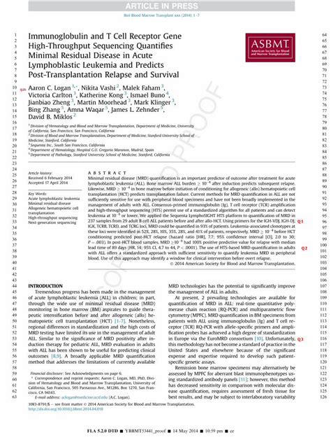 Pdf Immunoglobulin And T Cell Receptor Gene High Throughput Sequencing Quantifies Minimal
