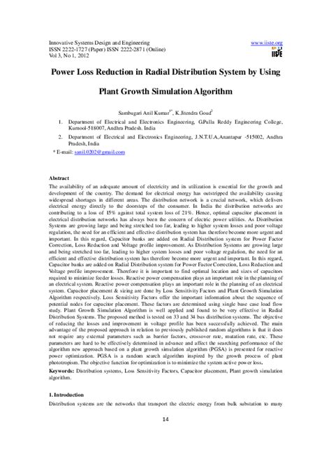 pdf power loss reduction in radial distribution system by using plant