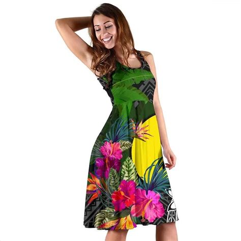 New Caledonia Midi Dress Turtle Plumeria Banana Leaf