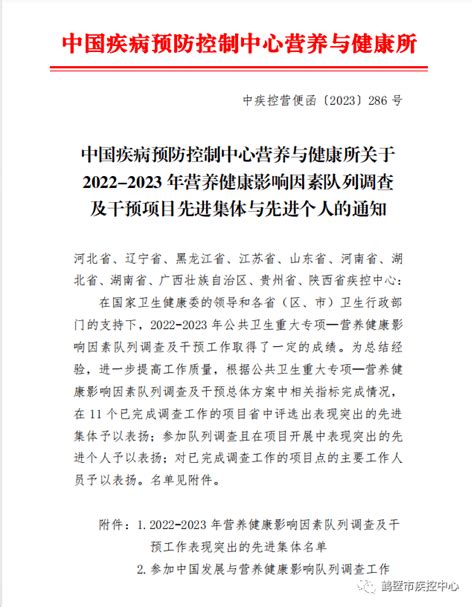 【喜报】鹤壁市疾控中心荣获2022 2023年营养健康影响因素队列调查及干预工作表现突出的先进集体项目能力
