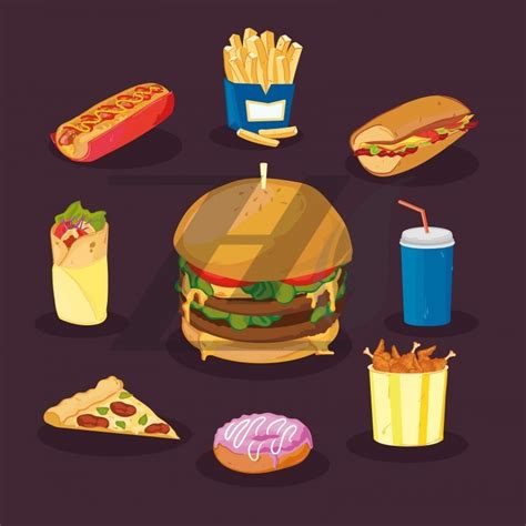دانلود مجموعه 9 عددی وکتور طرح فست فود و غذا های مختلف با پس زمینه رنگ تیره دانلود رایگان فایل